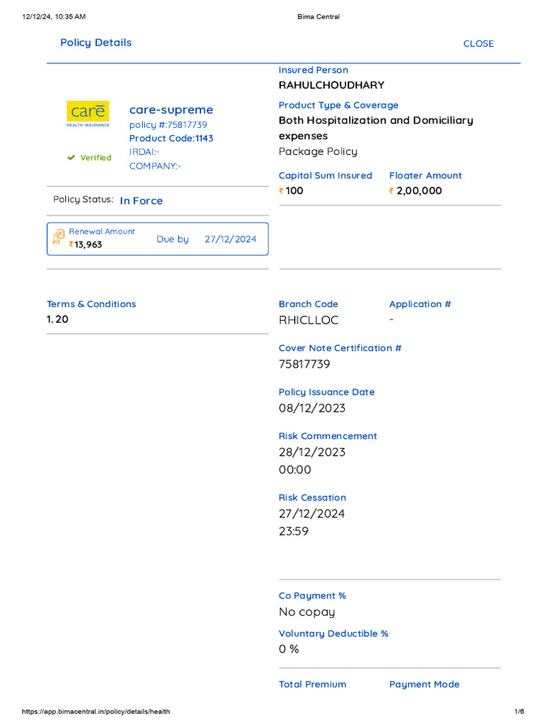 Bima Central - Care Health | PDF | Deductible | Insurance