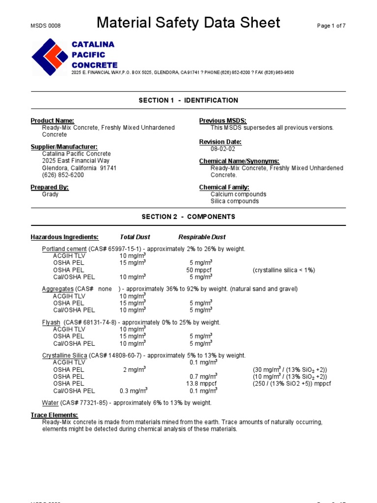 Msds Ready Mixed Concrete | PDF | Dangerous Goods | Concrete