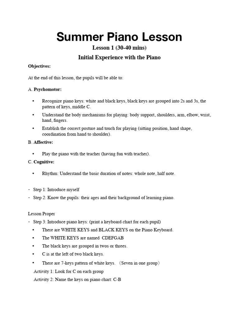 Summer Piano Lesson - Lesson Plan 1 | PDF | Piano