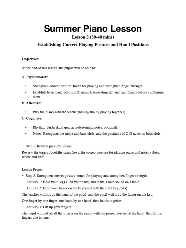 Summer Piano Lesson 2: Posture & Notes | PDF | Piano | Clef