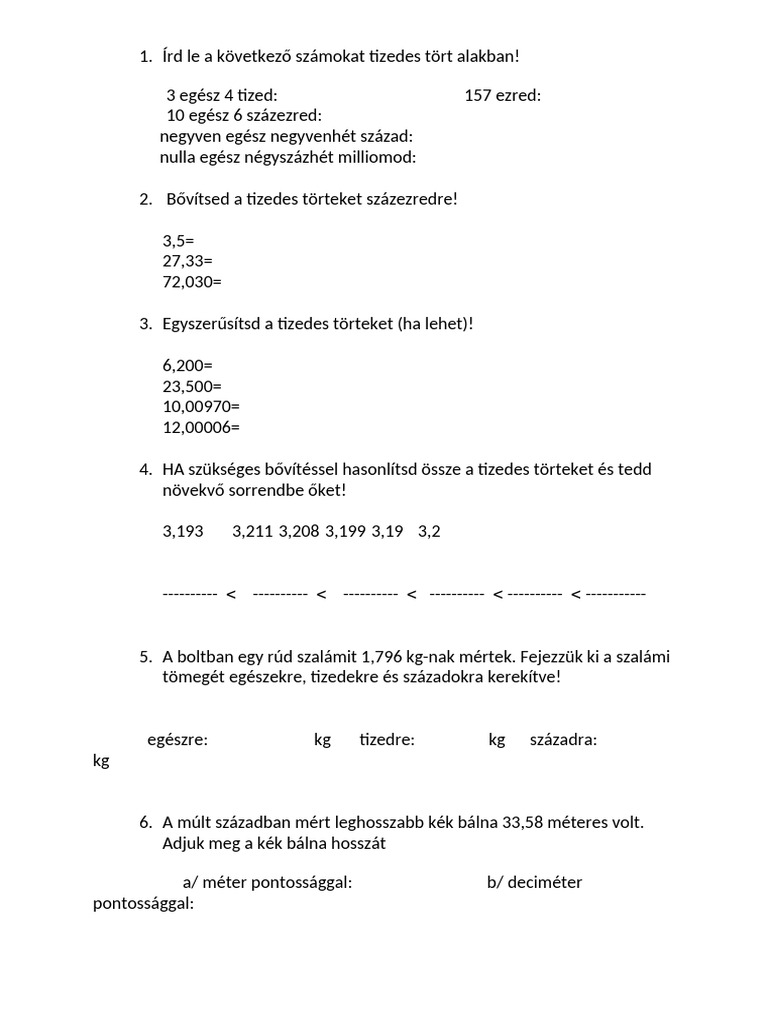Matek Témazáró 5. Tizedes Törtek | PDF