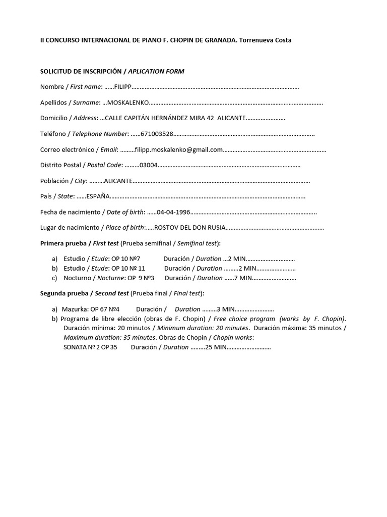 II CONCURSO INTERNACIONAL DE PIANO F. Chopin. Application Form 1 | PDF