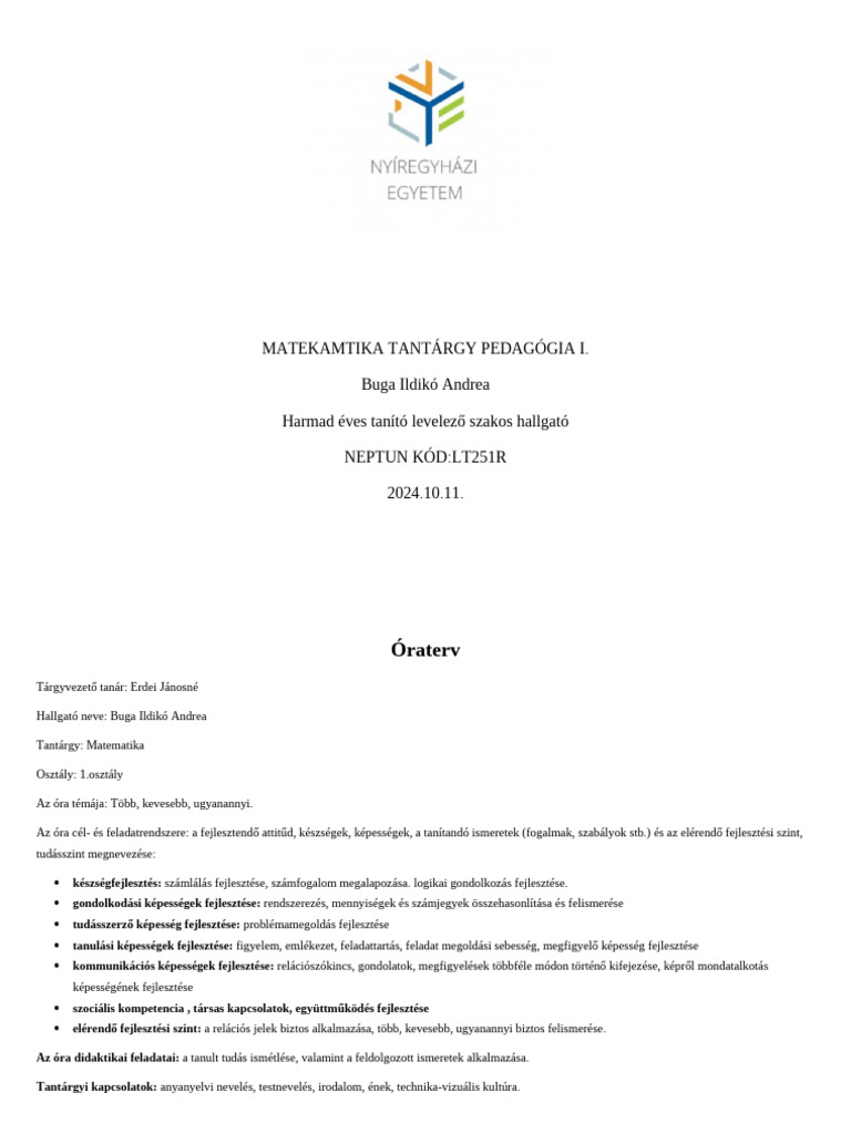 Buga Ildikó Andrea-Matematika Óraterv | PDF