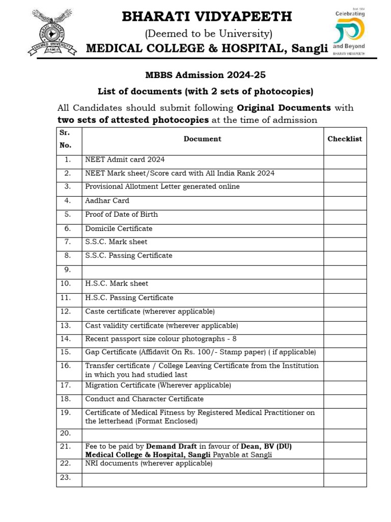 MBBS Admission 2024-25 List of Documents 060824 | PDF | Medical School