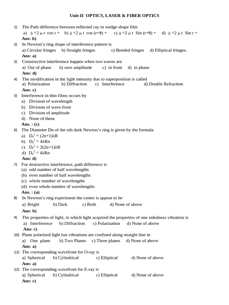 Unit- II Engg. Physics objective questions - Copy | PDF | Wavelength ...