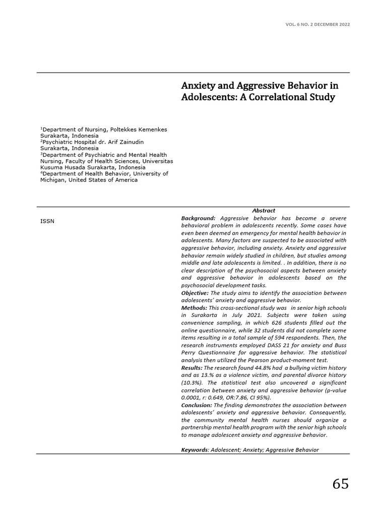 Anxiety and Aggressive Behavior in Adolescents A C | PDF | Anxiety ...
