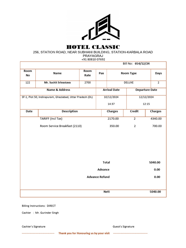 Prayagraj Hotel Bill Format Sample | PDF