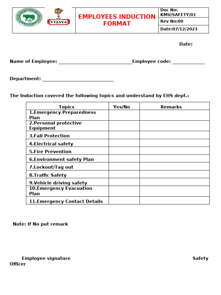 Employees Induction Format | PDF | Public Safety | Securities