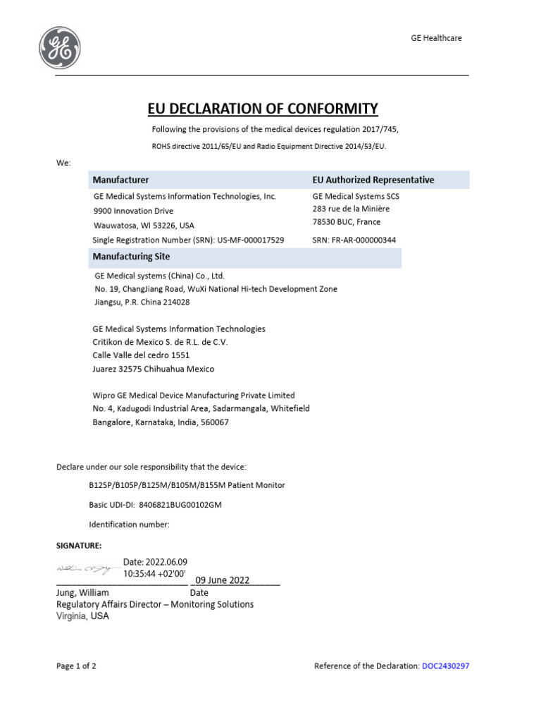 MDR - Declaration of Conformity For B155M - B125M - B125P - B105M ...