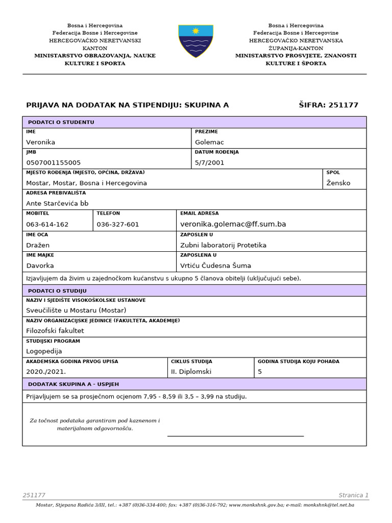 MONKSHNK - Prijava Na Dodatak Na Stipendiju - A | PDF