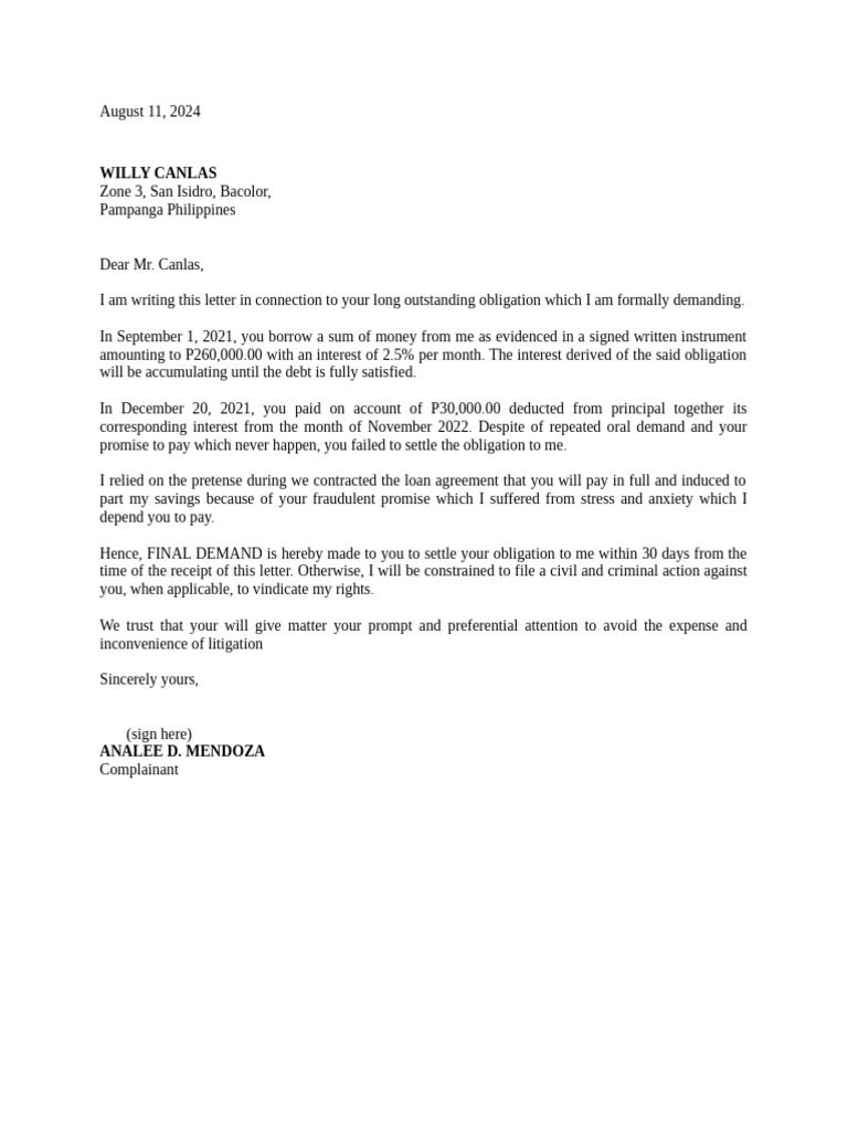 Demand Letter To Mr. Willy Canlas | PDF