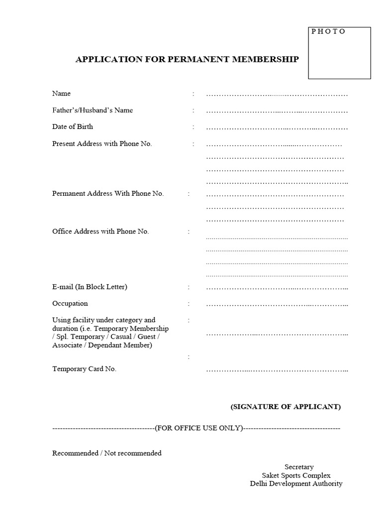 Saket Sports Complex Membership Application | PDF