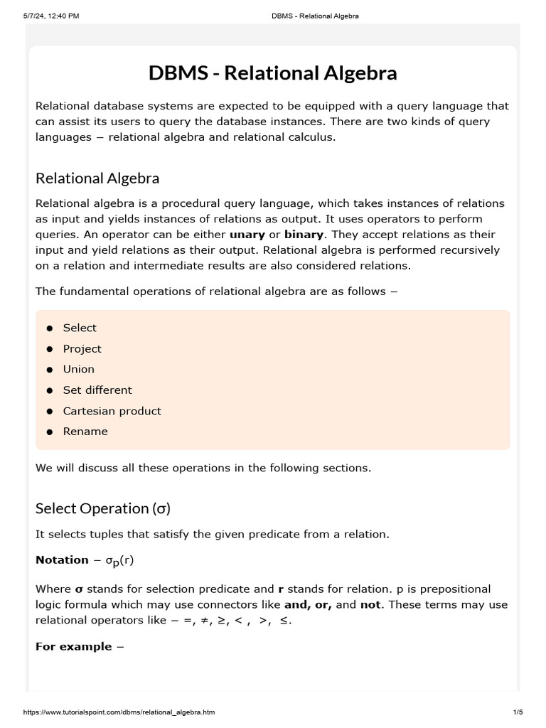 DBMS - Relational Algebra (1) | PDF | Relational Model | Databases