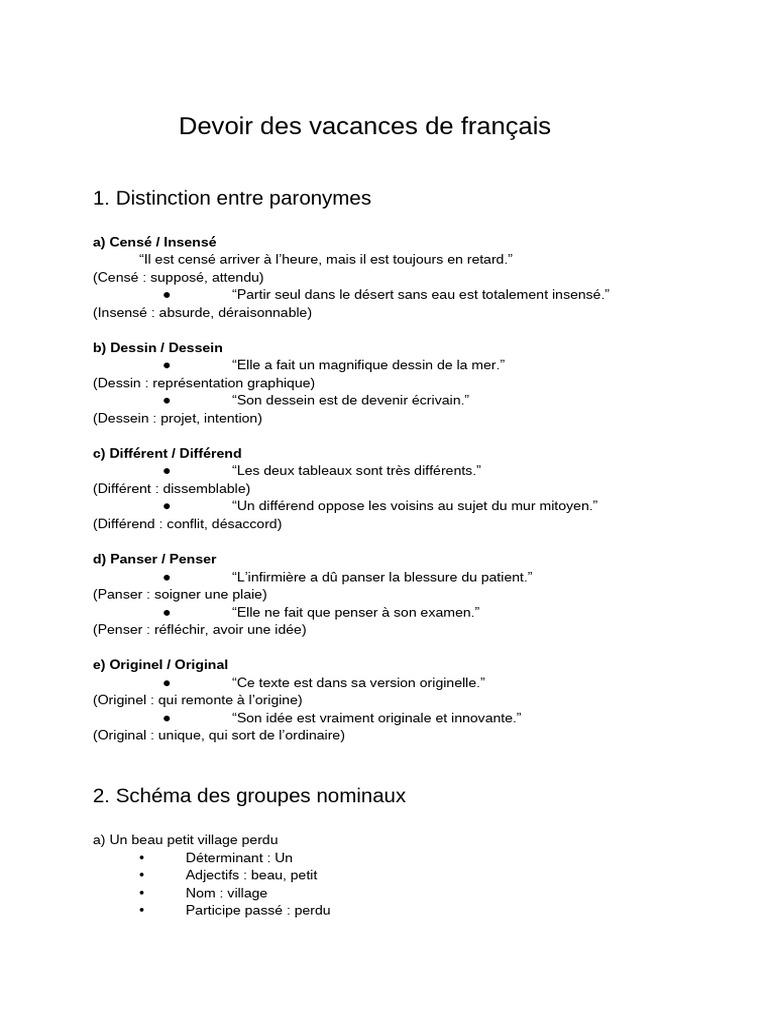 Devoir Des Vacances de Français | PDF | Sujet (Grammaire) | Typologie ...