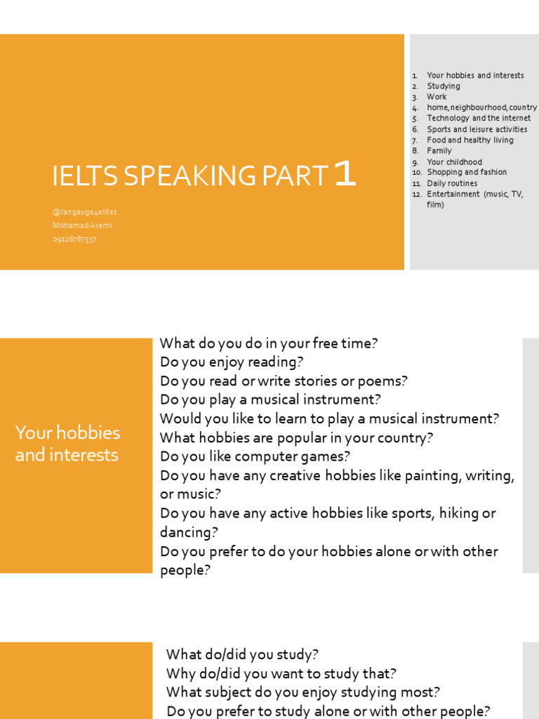 IELTS SPEAKING PART 1 ALL Questions | PDF | Hobbies