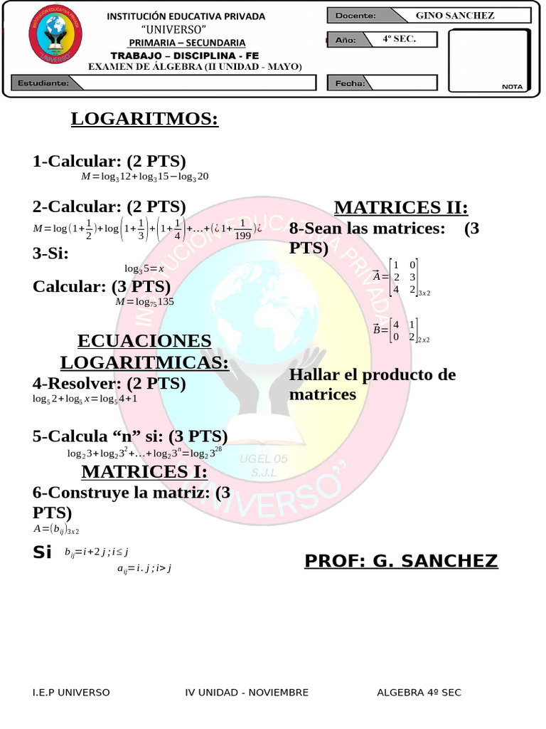 Examen Algebra 4º Sec Noviembre | PDF