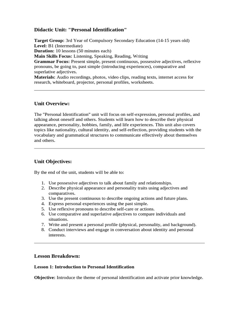 Didactic Unit - Personal Identification | PDF | Human Communication ...