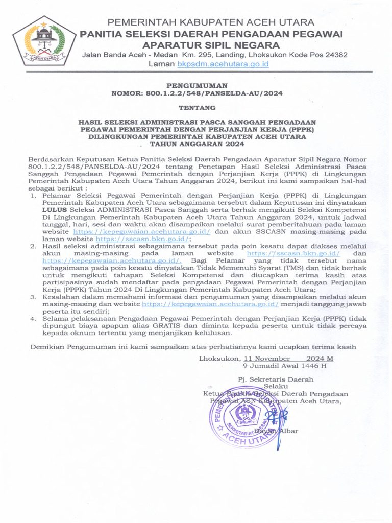 Pengumuman Tentang Hasil Seleksi Administrasi Pasca Sanggah Pengadaan PPPK Di Lingkungan Pemkab ...