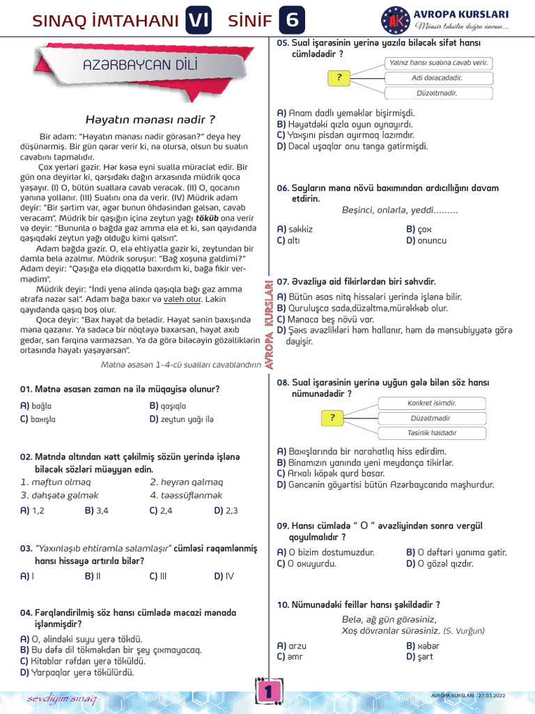 6-Cı SİNİF - SINAQ-6 (2021-2022) | PDF