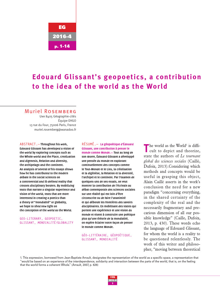 Edouard Glissants Geopoetics A Contribution To The Idea of The World As ...