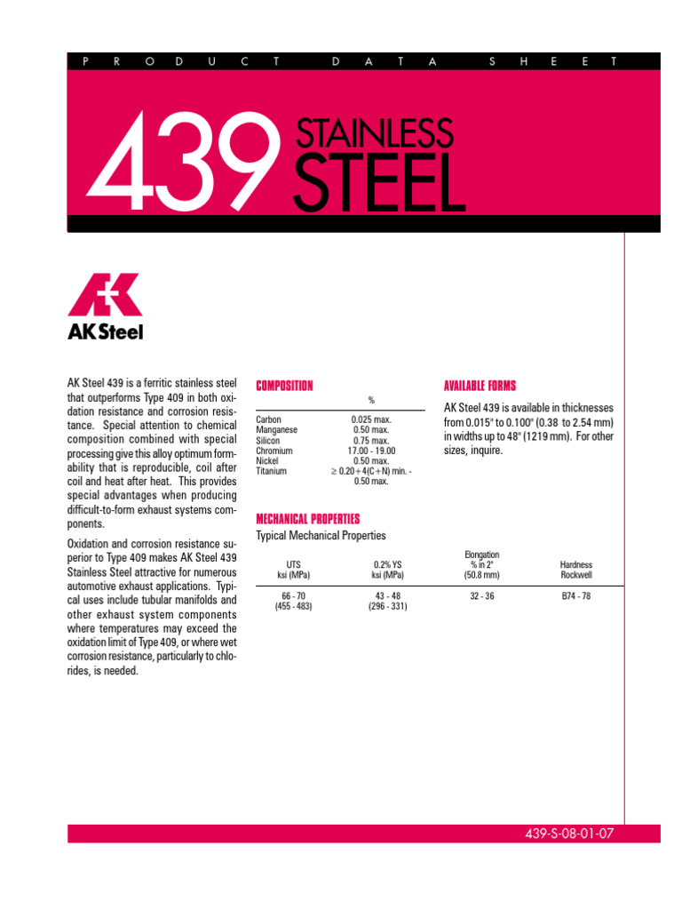 SUS439_data_sheet | PDF | Stainless Steel | Steel
