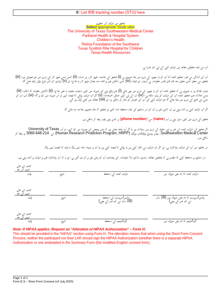 Forms Form E.S Short Form Consent Urdu | PDF