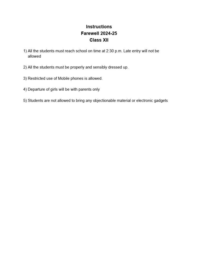 Class XII Farewell Instructions 2024-25 | PDF