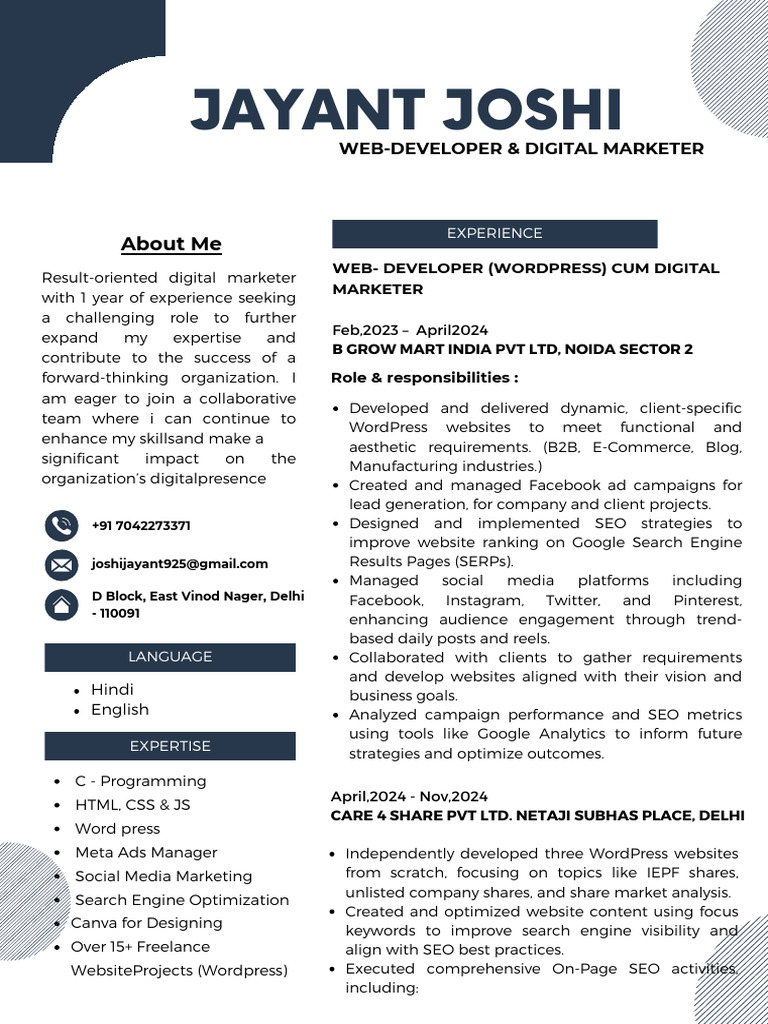 Jayant Joshi CV Updated 2024 | PDF | Search Engine Optimization | World Wide Web