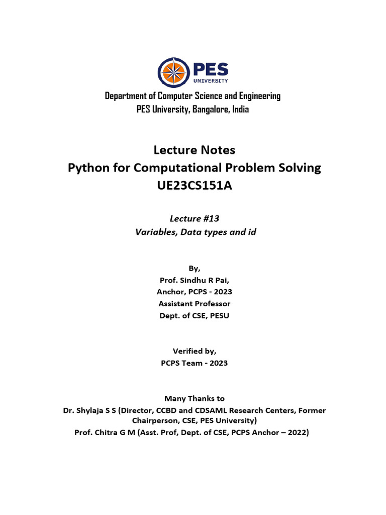 13 Lecture Note Unit 1 Variables Datatypes Type Id Pcps 2023 | PDF | Data Type | Variable ...