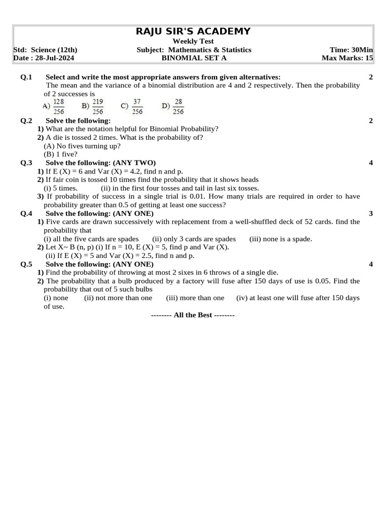 Binomial Set a.258f408 | PDF | Variance | Probability