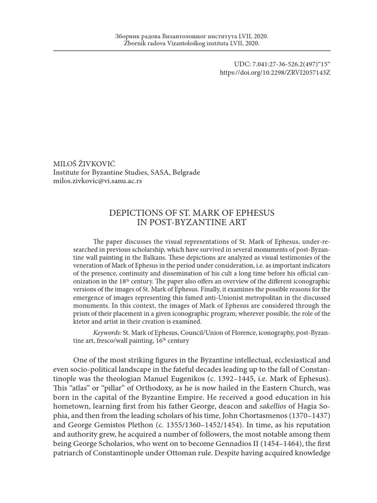 Depictions of ST Mark of Ephesus in Post-Byzantine | PDF