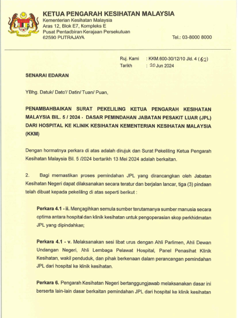 PENAMBAHBAIKAN SURAT PEKELILING KETUA PENGARAH KESIHATAN MALAYSIA BIL. 5 2024 PENGEMASKINIAN ...