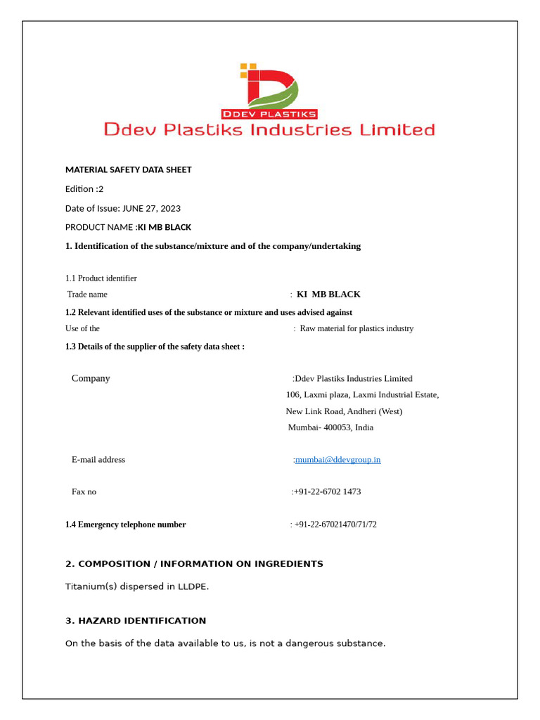 KI MB BLACK Material Safety Data Sheet | PDF | Plastic | Toxicity