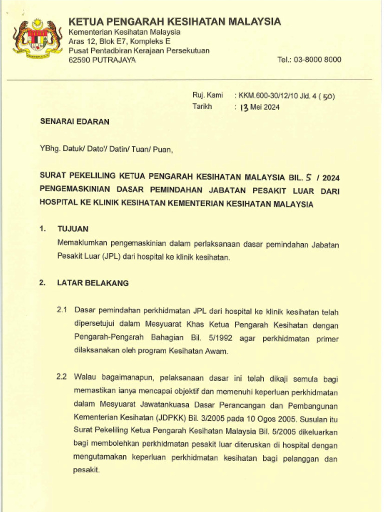 Surat Pekeliling Ketua Pengarah Kesihatan Malaysia Bil. 5 2024 ...