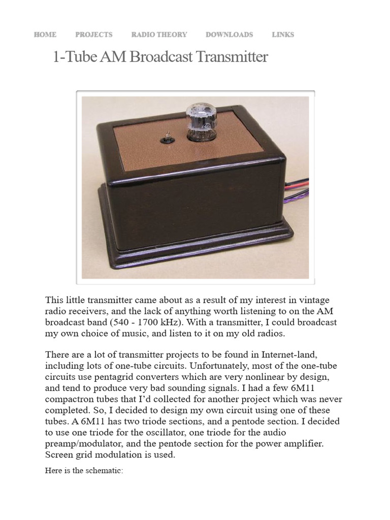 1-Tube AM Broadcast Transmitter | PDF | Electronic Oscillator | Transmitter
