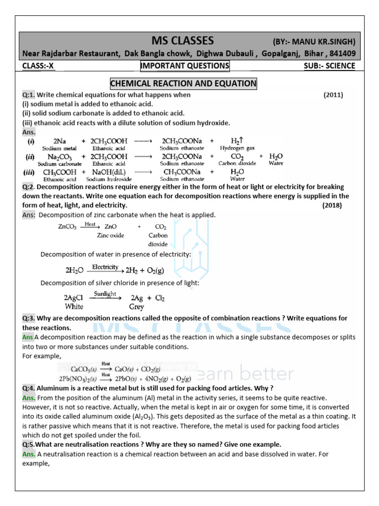 Important Science Questions on Chemical Reactions | PDF | Chemical ...