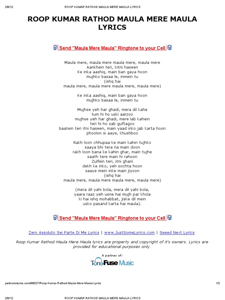 Roop Kumar Rathod Maula Mere Maula Lyrics | PDF