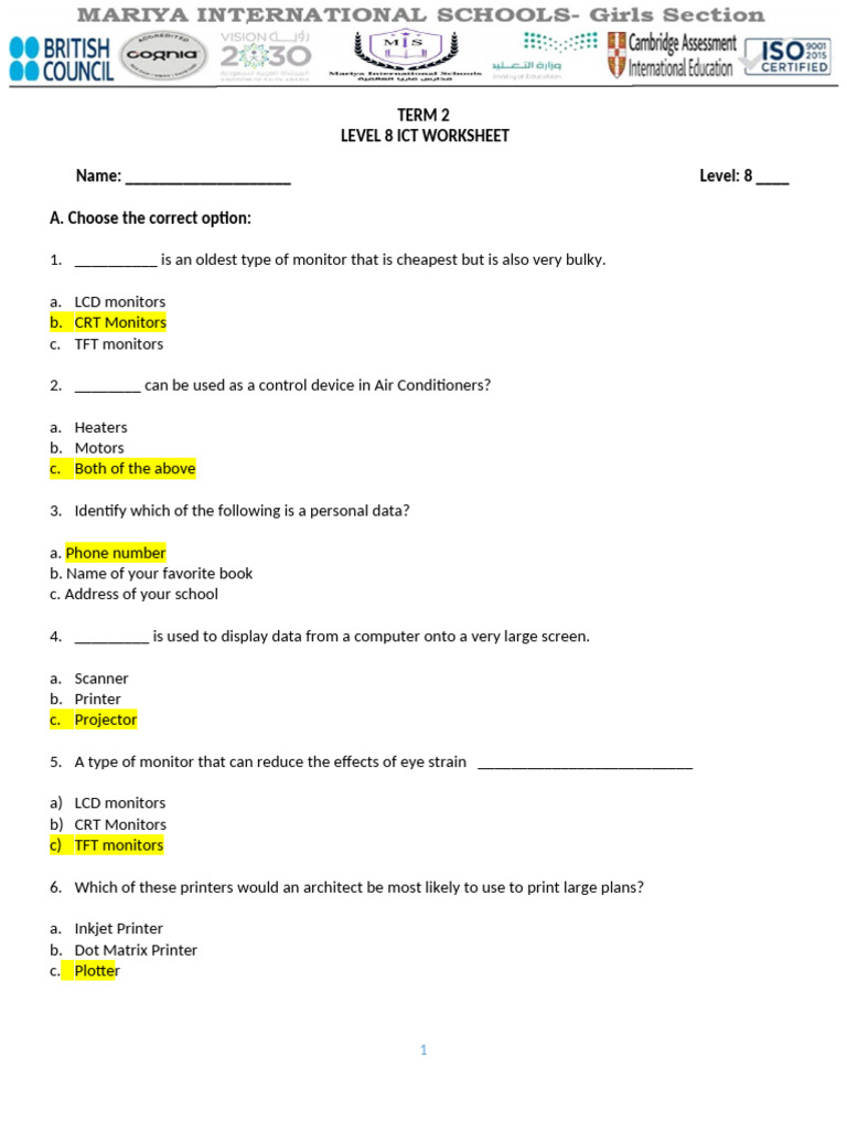 Level 8 ICT Worksheet Answers | PDF | Computer Monitor | Printer ...
