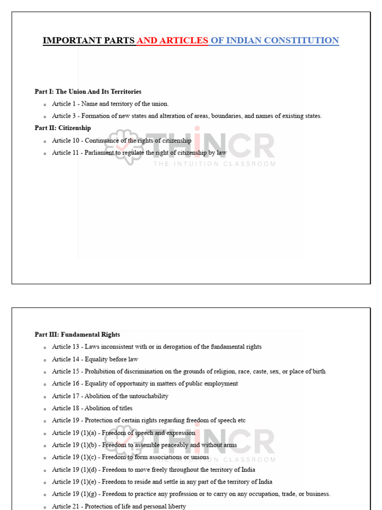 Key Articles of the Indian Constitution | PDF | Political Law | Public Law