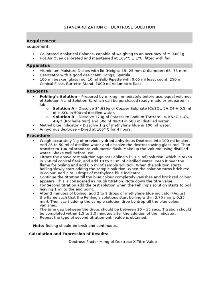 STANDARDIZATION OF DEXTROSE SOLUTION | PDF | Distillation | Chemistry