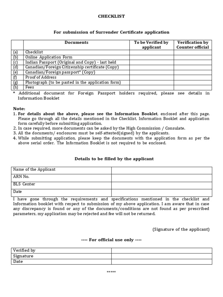 Checklist and Information Booklet For Surrender Certificate 1 | PDF