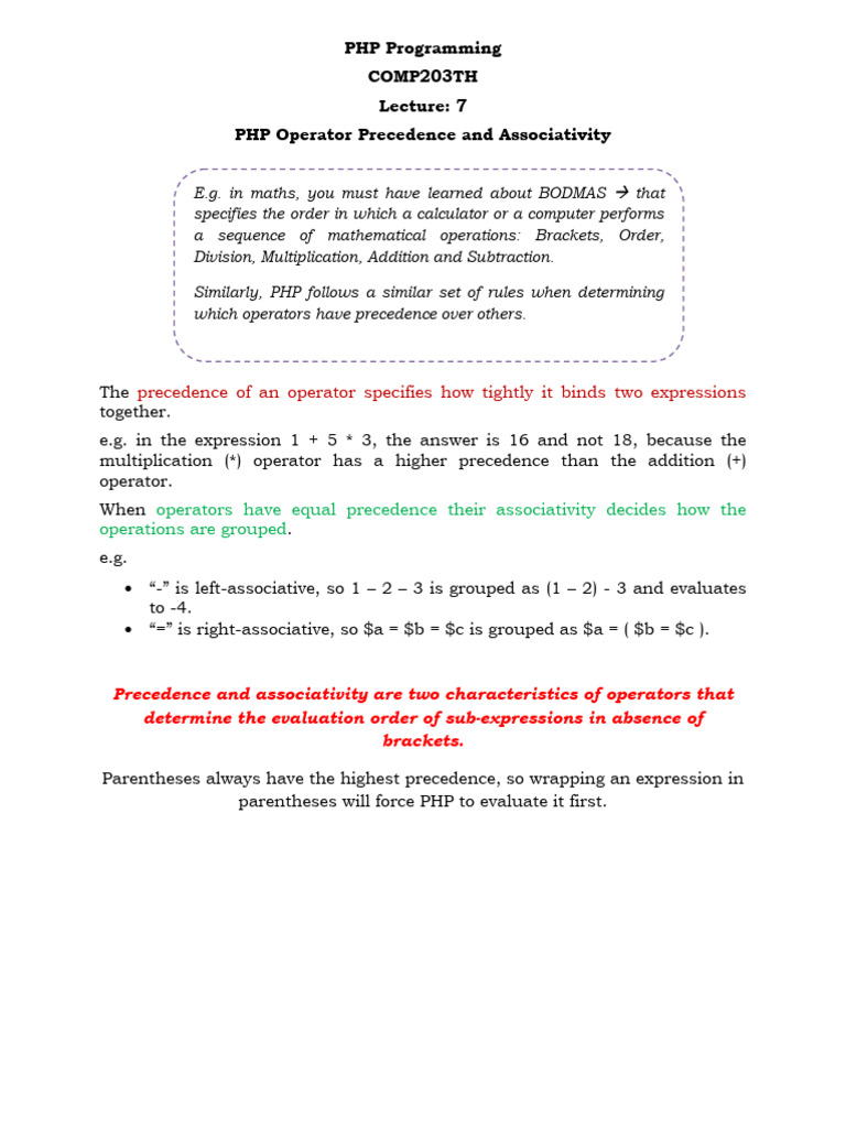 Lecture 7 PHP Operator Precedence & Associativity | PDF | Mathematical Logic | Computer Programming