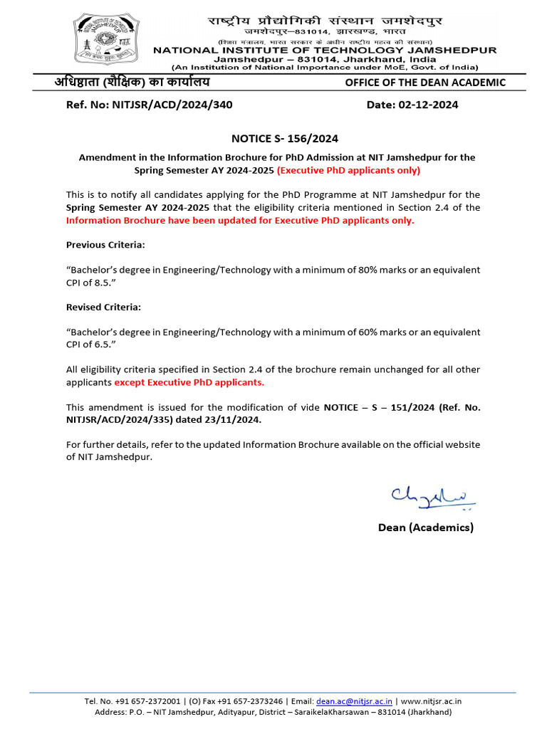 Notice S-156-2024 Amendment in the Information Brochure for PhD Admission at NIT Jamshedpur for ...