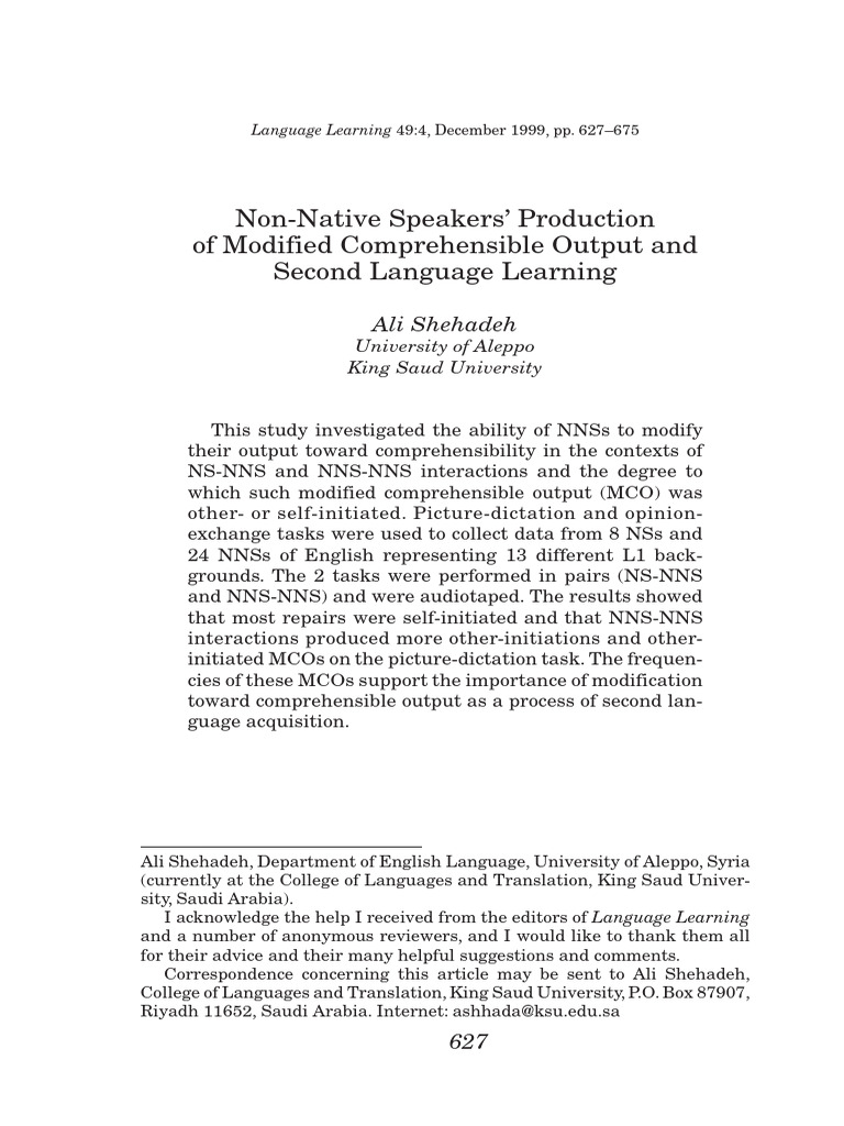 Non Native Speakers Production Of Modified Comprehensible Output And Second Language Learning