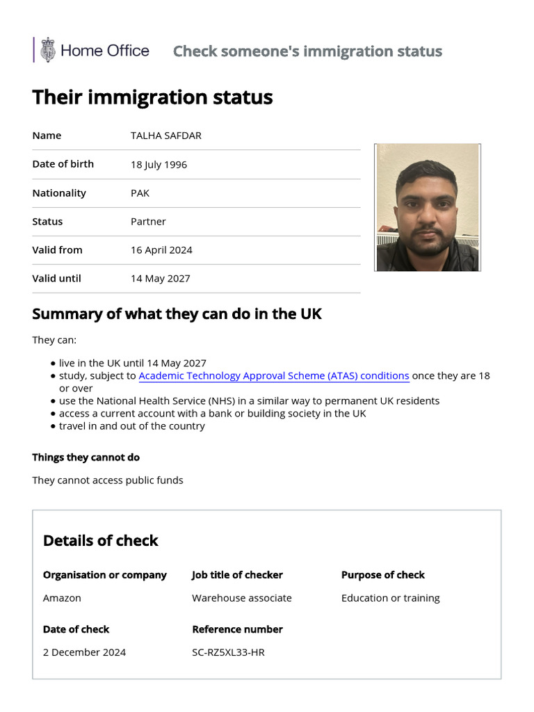 Immigration Status Talha | PDF