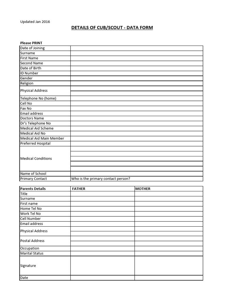Cub Scout Data Form | PDF