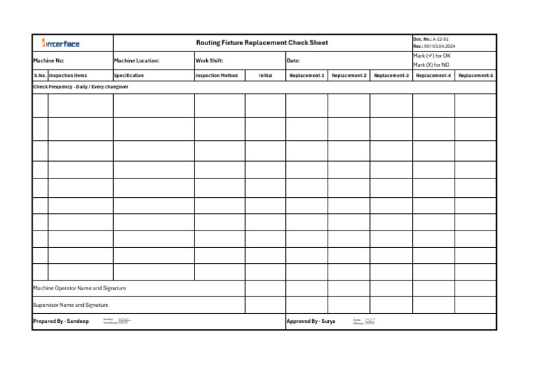 A-12-01- Routing Fixture Replacement Check Sheet | PDF