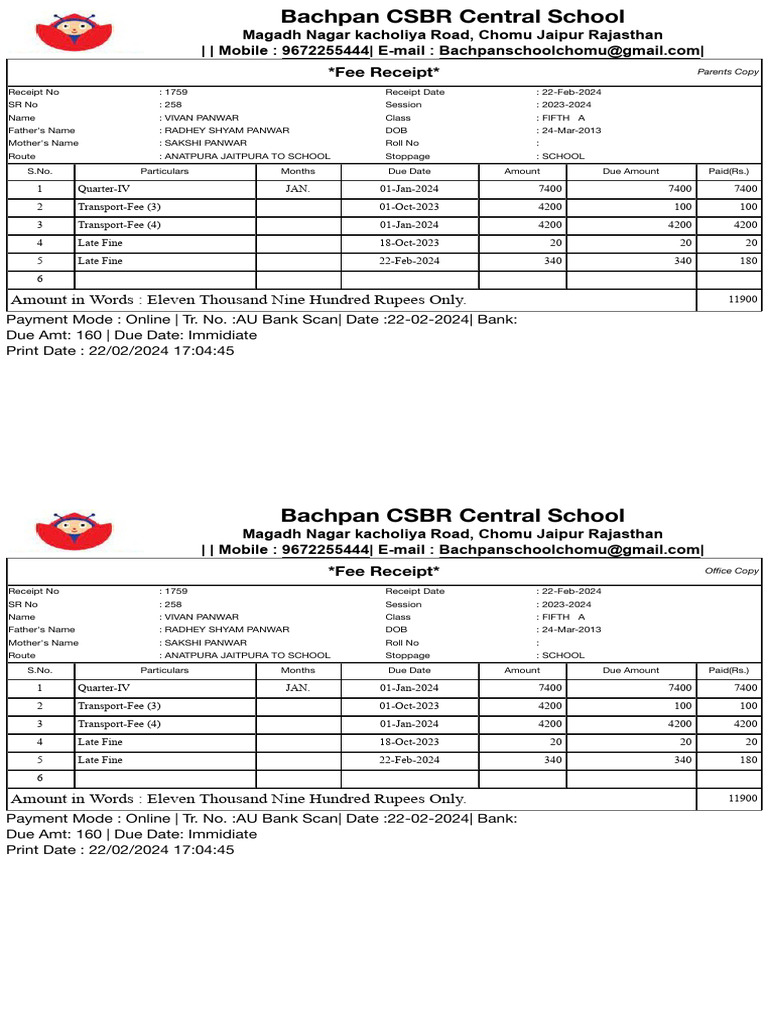 Scholar Fee Receipt | PDF