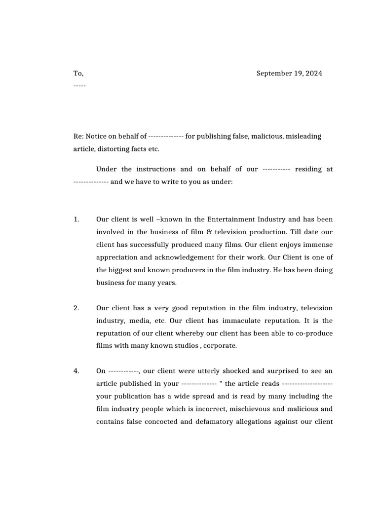 Defamation Notice - To The Newspaper | PDF | Defamation | Justice