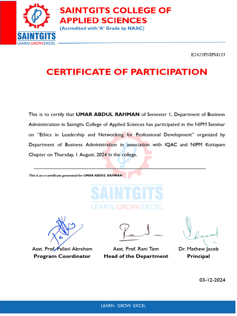 UMAR ABDUL RAHMAN-NIPM-E-Certificate | PDF